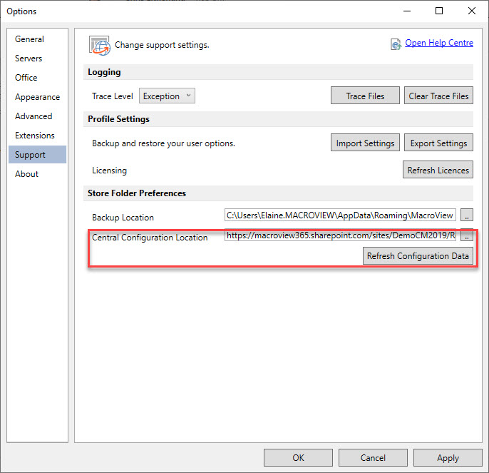 Setting a central configuration (resource library) location – MacroView